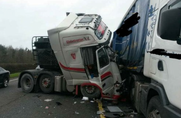 M1 lane blocked after crash between two heavy-goods lorries