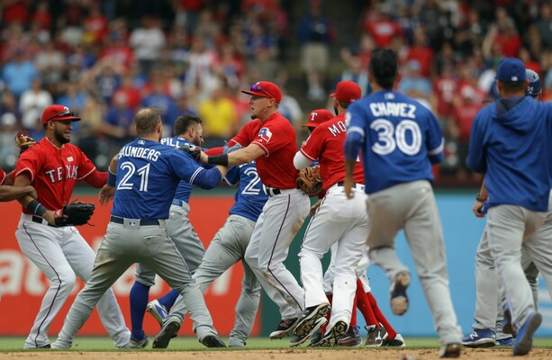 Right-hand haymaker sparks second base brawl between Rangers and Blue Jays