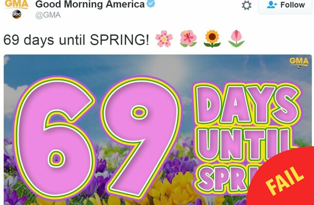 Good Morning America tweeted that there's '69 days until spring' and ...