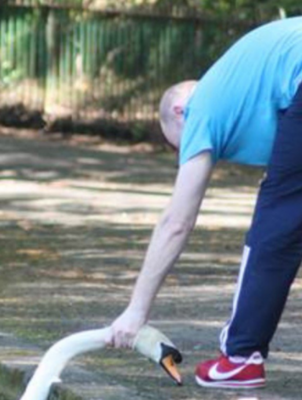 This photo of a man grabbing a swan by the neck was taken in Phoenix ...