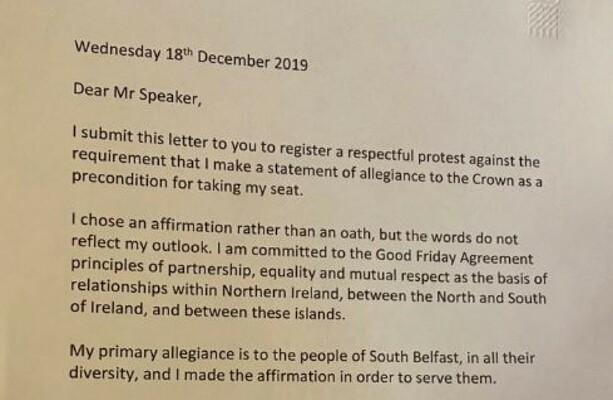 New SDLP MP writes letter to Commons speaker protesting against oath of ...