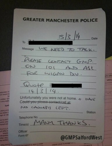 Manchester police leave brilliant note for homeowner after drugs bust