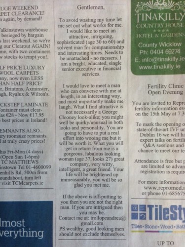 This Irish Times lonely hearts ad is... intense · The Daily Edge
