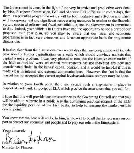 These are the letters sent between Brian Lenihan and the ECB before the ...