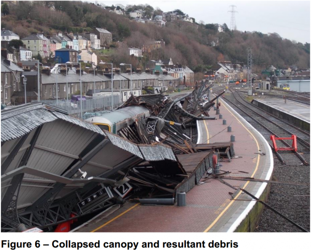 Cork train station canopy collapsed after poles snapped in gale force winds