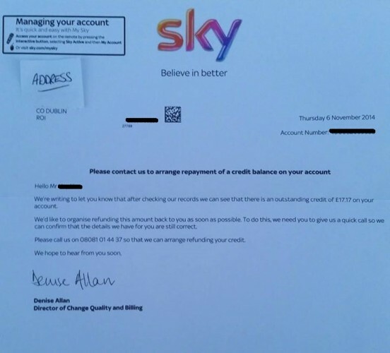 That 'we owe you money' letter from Sky? It's NOT a scam · TheJournal.ie