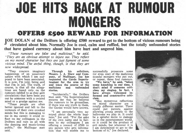 Joe Dolan placed this ad in 1968 offering a reward for information on ...